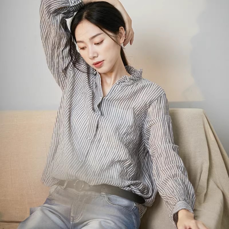 谷家 轻薄透气棉麻长袖衬衫 花边领减龄休闲条纹上衣女春季新款