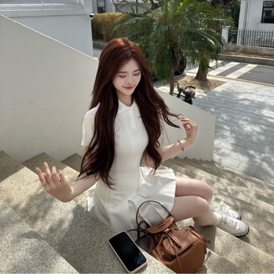 【SALE服饰】早春洋气时尚冰丝针织polo衫短袖打底衫+半身裙