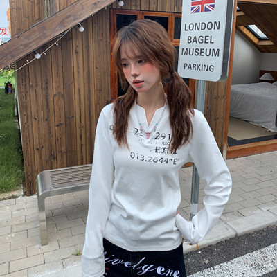 美式做旧印花v领长袖T恤