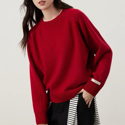 【拉夫家纱线】纯棉红色套头毛衣女秋冬季慵懒风加厚针织上衣