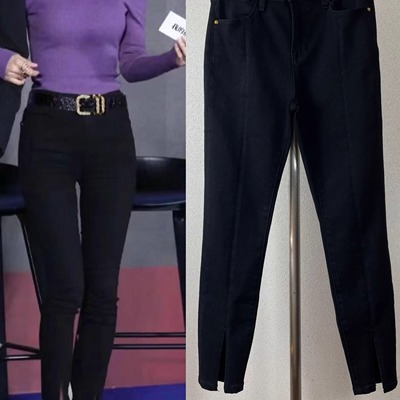 经典黑色高腰高弹修身9分牛仔裤