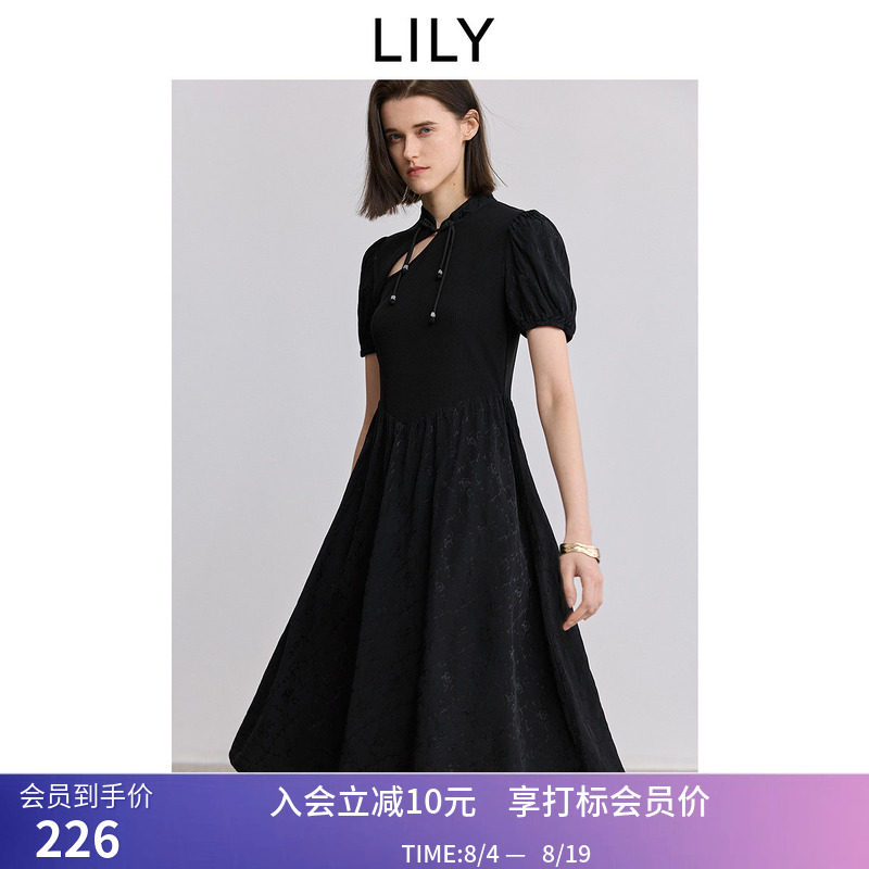 【小黑裙】商场同款LILY夏女装复古新中式短袖宽松休闲黑色连衣裙
