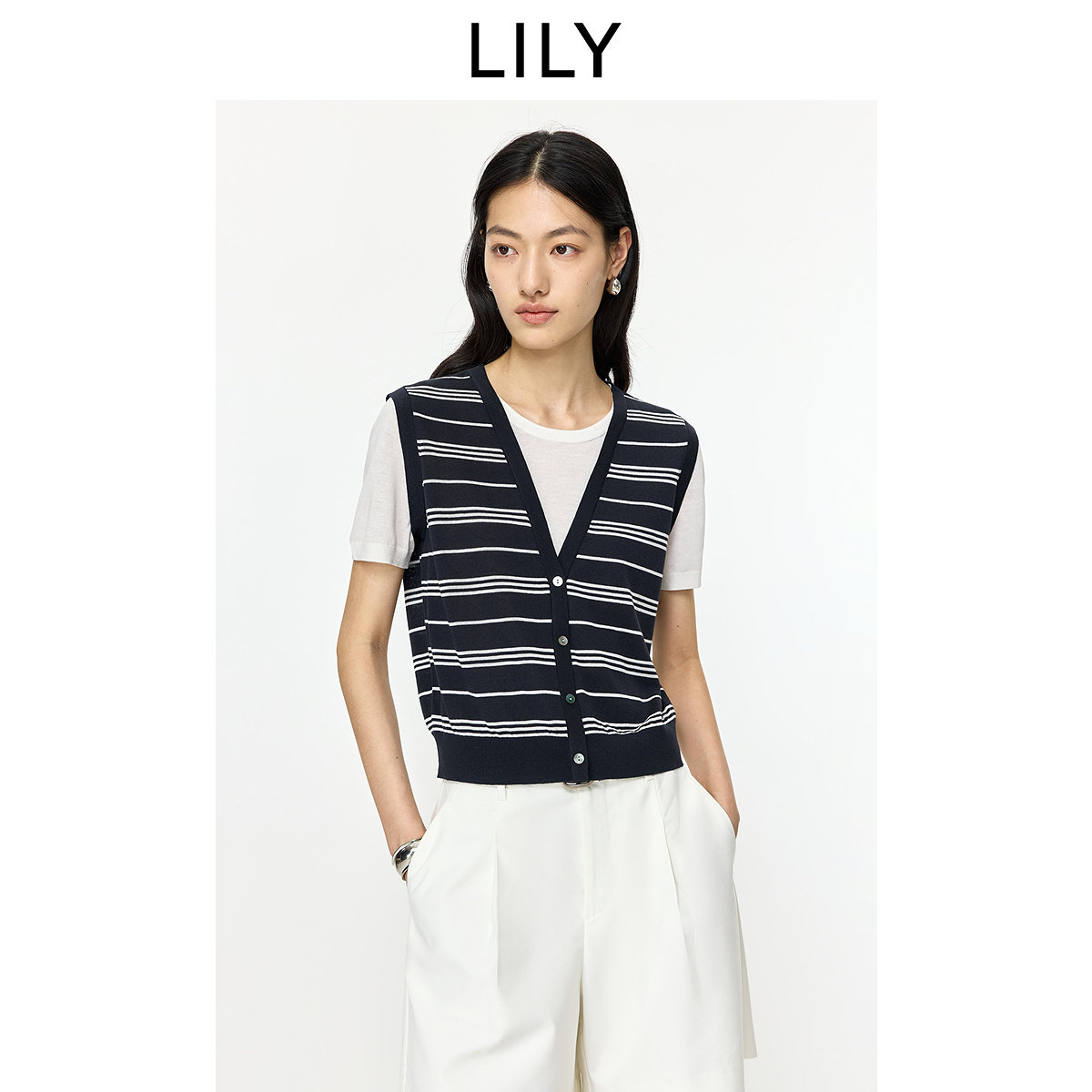 【来了就好】LILY2026夏新款复古假两件条纹马甲圆领短袖针织衫女