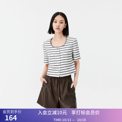 【商场同款】LILY秋新款女装复古条纹优雅小香风通勤款短外套