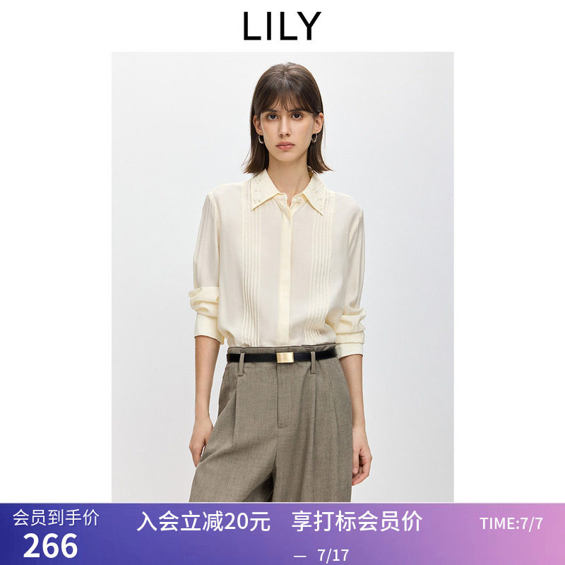 LILY2026春新款女装法式简约翻领钉珠气质通勤奶白色长袖衬衫外套