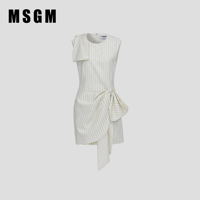 【明星同款】MSGM早春女士蝴蝶结收腰无袖条纹千金风连衣裙短款