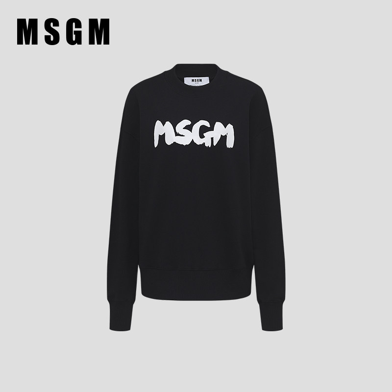 MSGM女士撞色宽松慵懒印花徽标圆领纯棉休闲卫衣外套无帽黑色国际