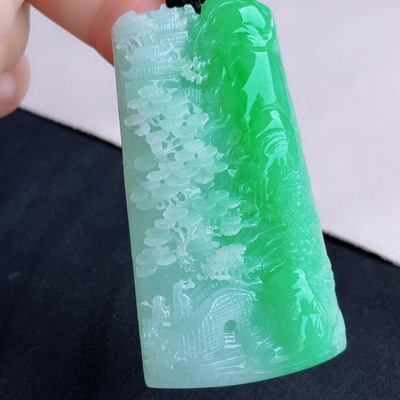 翠秦之皇冰翠绿山水牌吊坠 玉石老坑种天然翡翠A货 高档礼物收藏