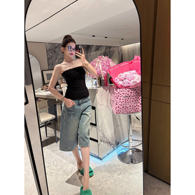 PickRui睿哥 高街痞酷 新款异形口袋牛仔中裤女夏季高腰休闲裤