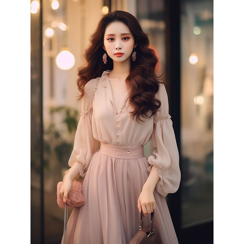 秋季穿搭一整套温柔系炸街奶乖干练气质女装粉色衬衫裙子两件套装