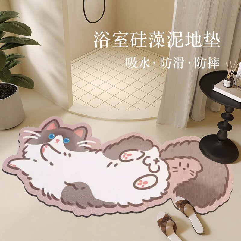 猫咪弧形浴室地垫硅藻泥吸水卫生间门口淋浴房洗澡异形防滑防摔垫