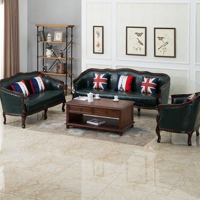 美式乡村全实木皮艺沙发复古皮布艺欧式沙发小户型客厅组合家具