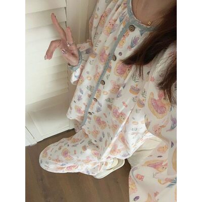 大码300斤可穿少女可爱兔子长袖睡衣女春秋款开衫长裤家居两件套