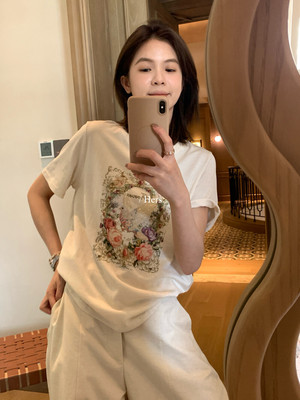 Hers手工串珠海鸥印花短袖T恤女