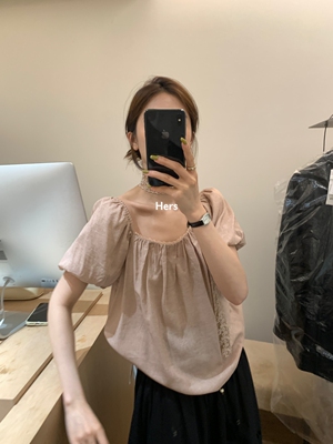 一勺甜泡泡袖蕾丝飘带棉麻小衫