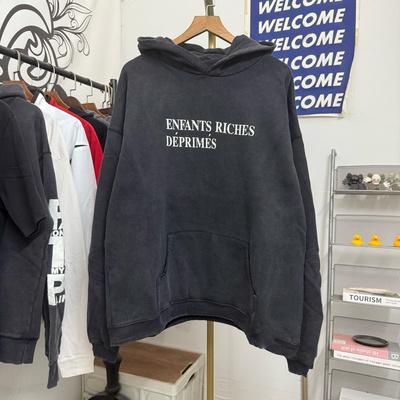 ENFANTS RICHES DEPRIMES裂纹字母印花复古高街做旧加绒连帽卫衣