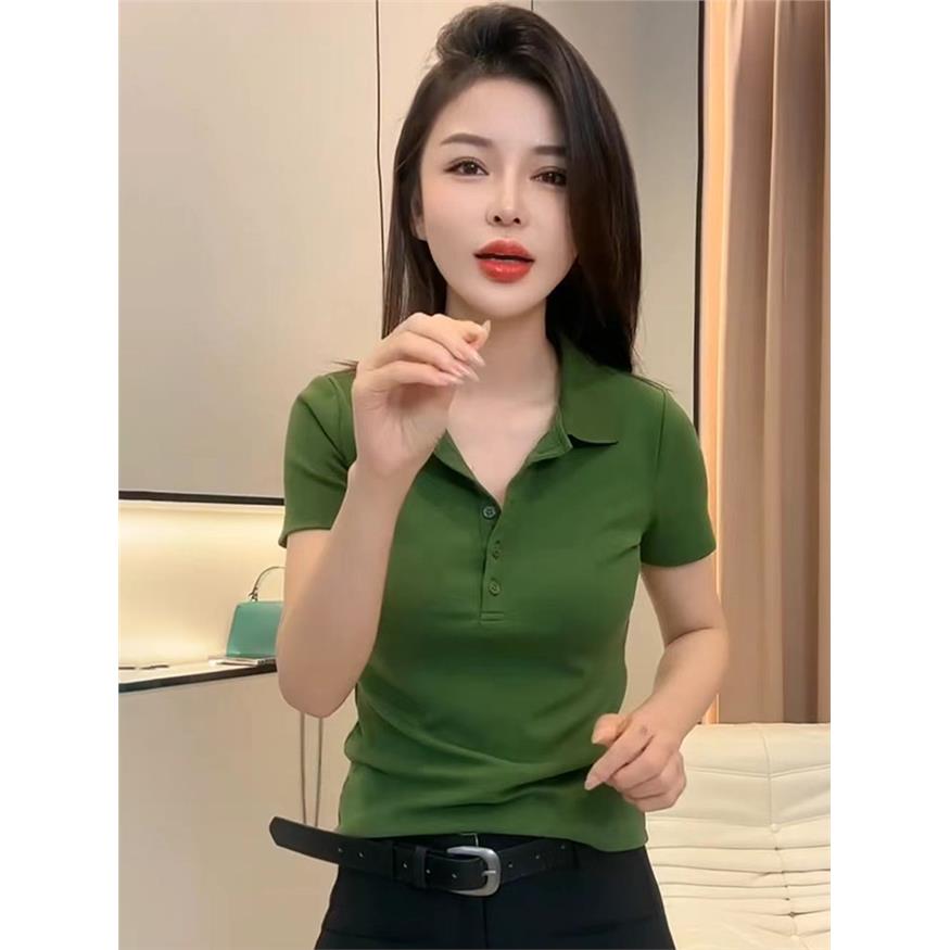 POLO领纽扣短袖正肩女T恤2026新款爆款夏季别致漂亮小衫遮肚上衣