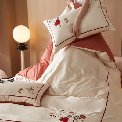 毛巾绣100S新疆长绒棉贡缎磨毛四件套全棉被套纯棉床单床上用品