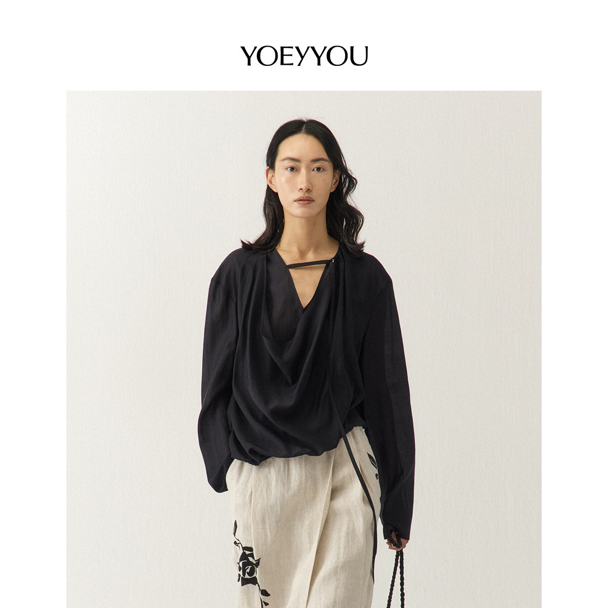 YOEYYOU双层兜量上衣小众设计师品牌优雅前片荡领飘带设计感衬衣