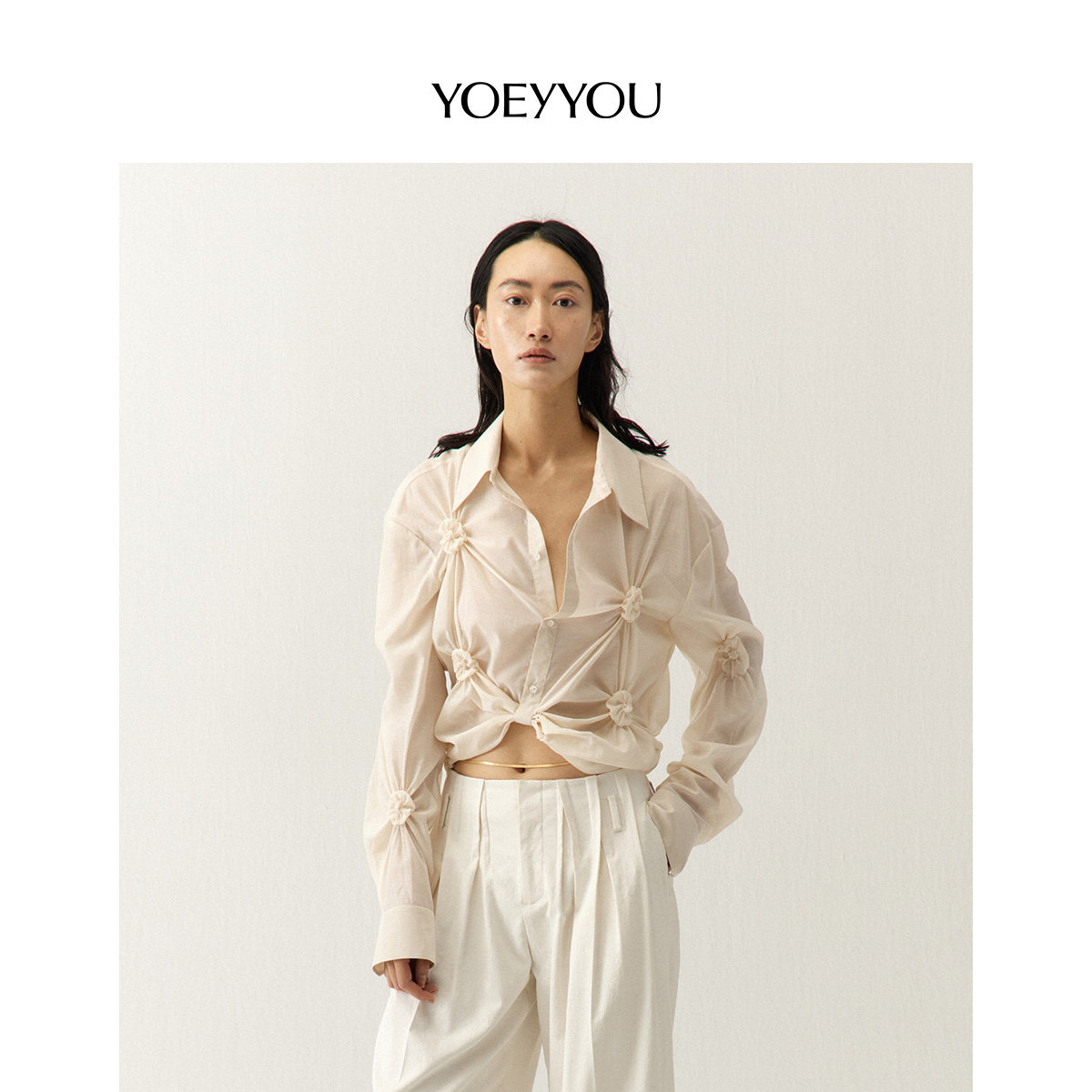 YOEYYOU立体手工花扭转衬衫女设计师款小众轻薄夏日感长袖衬衣