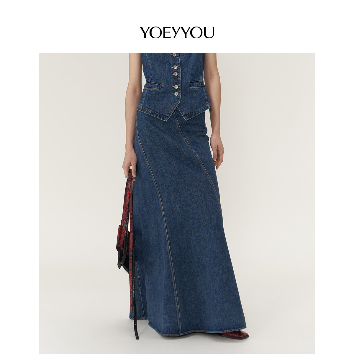 YOEYYOU及地长鱼尾半裙女秋冬小众设计款分割线显瘦时髦牛仔长裙