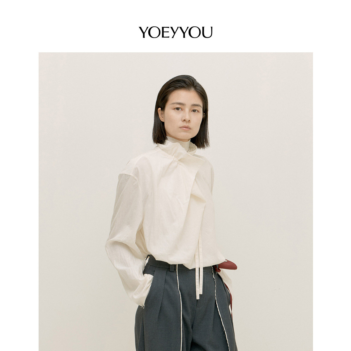 YOEYYOU立领收腰上衣春夏款设计师款立体微褶皱纹理长袖衬衫衬衣