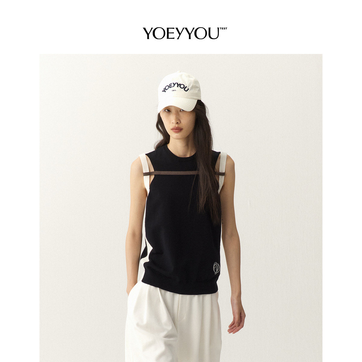 YOEYYOU撞色镂空毛衫背心女夏季棉质镂空时髦小众设计感无袖上衣