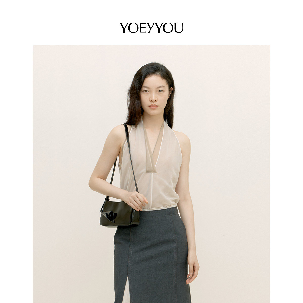 YOEYYOU双层叠色V领上衣女设计师品牌独特纱感透感两件挂脖式背心