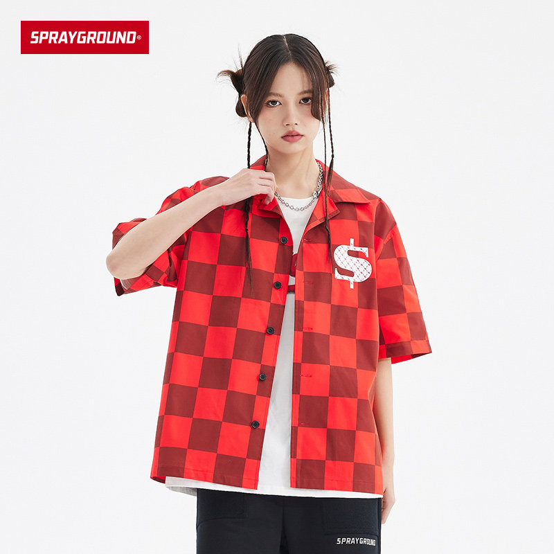 SprayGround新款潮牌棋盘格字母印花宽松上衣情侣衬衫insW0920404