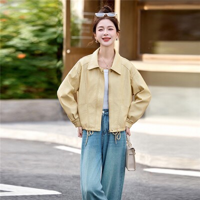 卡其色PU皮衣女短款翻领拉链外套春季流行轻薄夹克显瘦洋气小个子