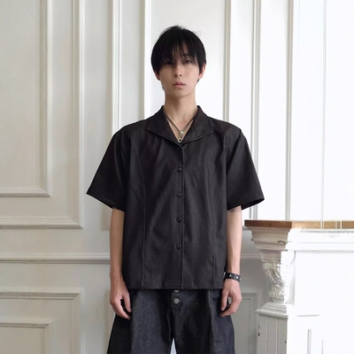 凉感星河闪粉条纹意式领短袖衬衫