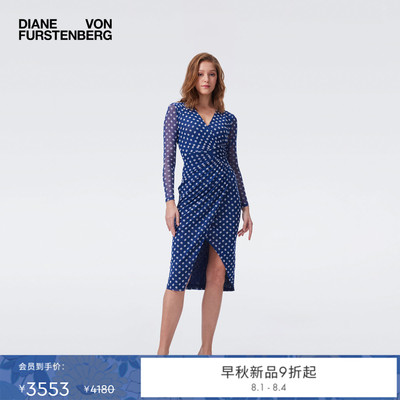 [七夕礼物]DVF2026早秋新款蓝白波点V领围裹式连衣裙DL2U002