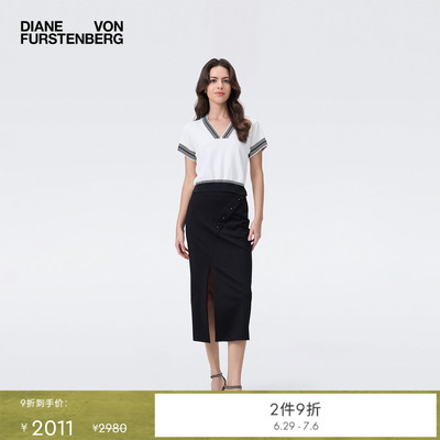 DVF纯色曜石黑单排扣开叉半裙