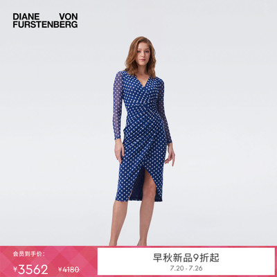 [重工植绒网纱]DVF2026早秋新款蓝白波点V领围裹式连衣裙DL2U002