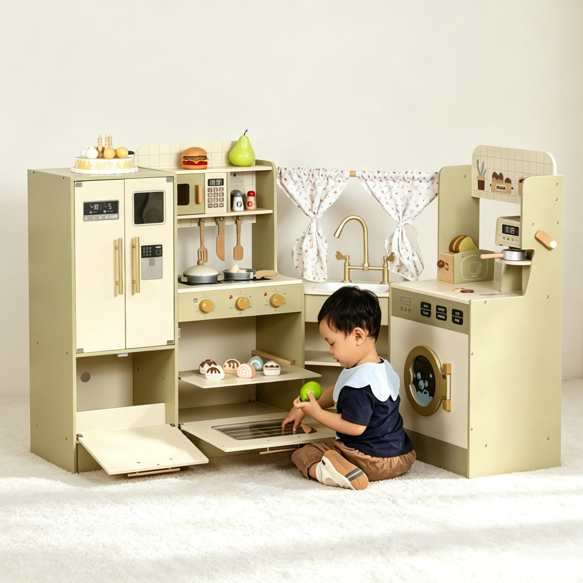 幼儿园木制过家家厨房玩具 仿真冰箱烤箱洗衣机一体套装 做饭厨具