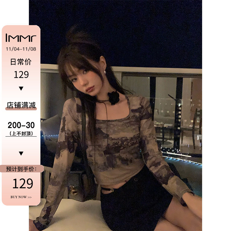 IMMR秋季新款长袖一字领扎染双层网纱t恤女设计感辣妹修身上衣潮_虎窝淘