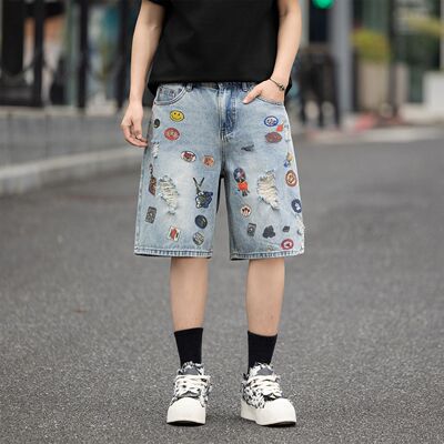 美式街头复古破洞烫图直筒牛仔短裤男士夏季宽松oversize五分中裤