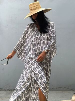 Kaftan Beach Dresses Leaf Printed Maxi Robe V Neck Summer Sw