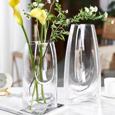旺苍玻璃花瓶双侧纹理鲜花插花器皿透明礼物烟灰色家居装饰摆件