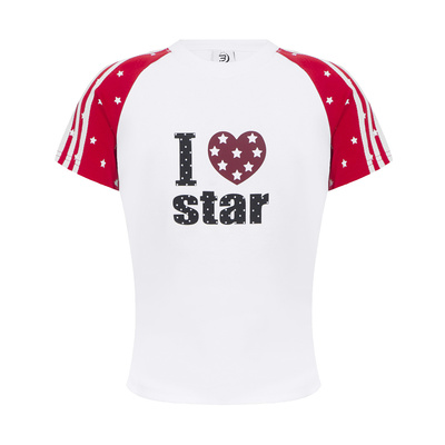 SREK美式复古爱心星星印花短袖T恤女夏季修身显瘦辣妹上衣