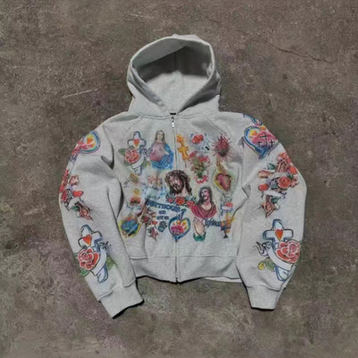 跨境2024卫衣RIGHTEOUS卡通印花连帽拉链卫衣休闲宽松新货