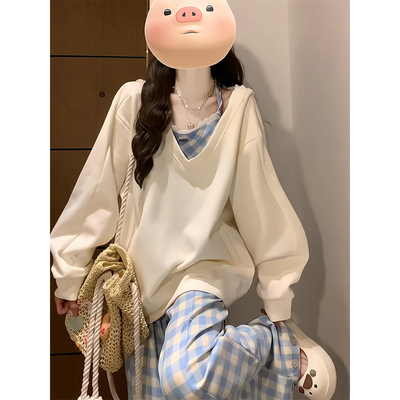 美式甜酷连帽V领格子卫衣女春秋