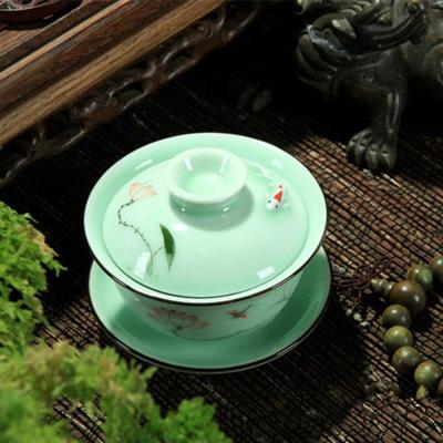 青瓷加厚盖碗功夫茶具手绘荷花鲤鱼三才盖碗大号泡茶碗敬茶备包邮