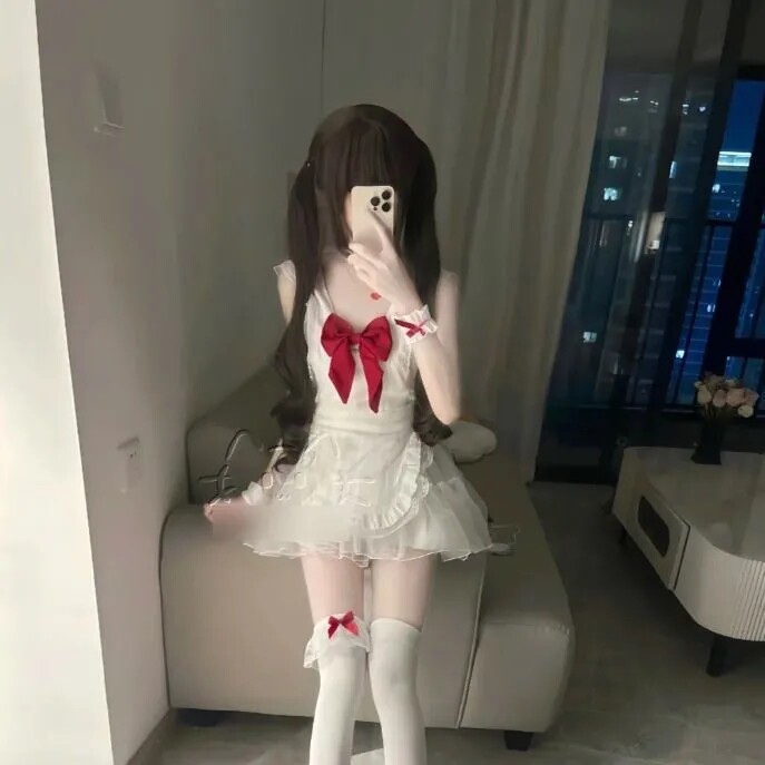学院风日系减龄萝莉女仆甜美辣妹蝴蝶结花边纯欲围裙蓬蓬短裙套装