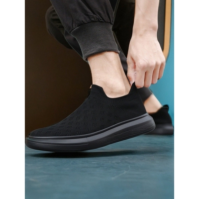 男鞋新款秋冬网布鞋男厚底黑色防臭休闲运动鞋大码一脚蹬旅游鞋男