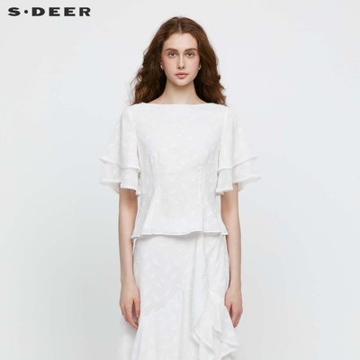 s.deer印花荷叶边拼接宽松衬衫