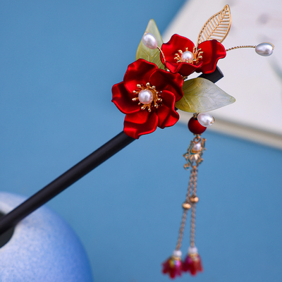 古风发簪红色花朵流苏木簪