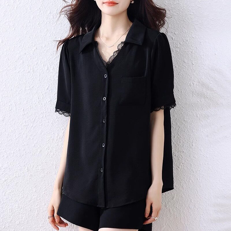 休闲翻领短袖衬衫女夏季新款设计感别致蕾丝拼接V领开衫衬衣上衣