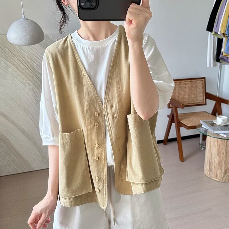时尚工装马甲外套女春夏新款洋气休闲女士V领无袖开衫马夹上衣薄