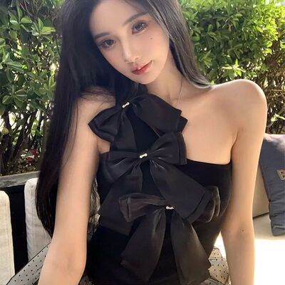 欧美风斜肩蝴蝶结短款女上衣